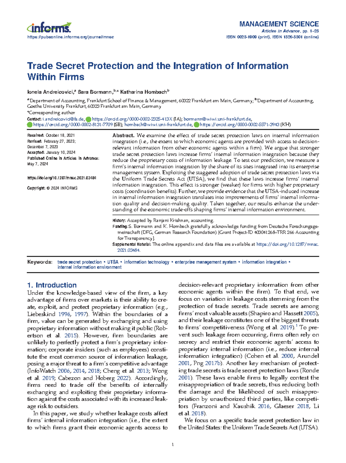 Trade Secret Protection and Internal Information Integration (MS ...