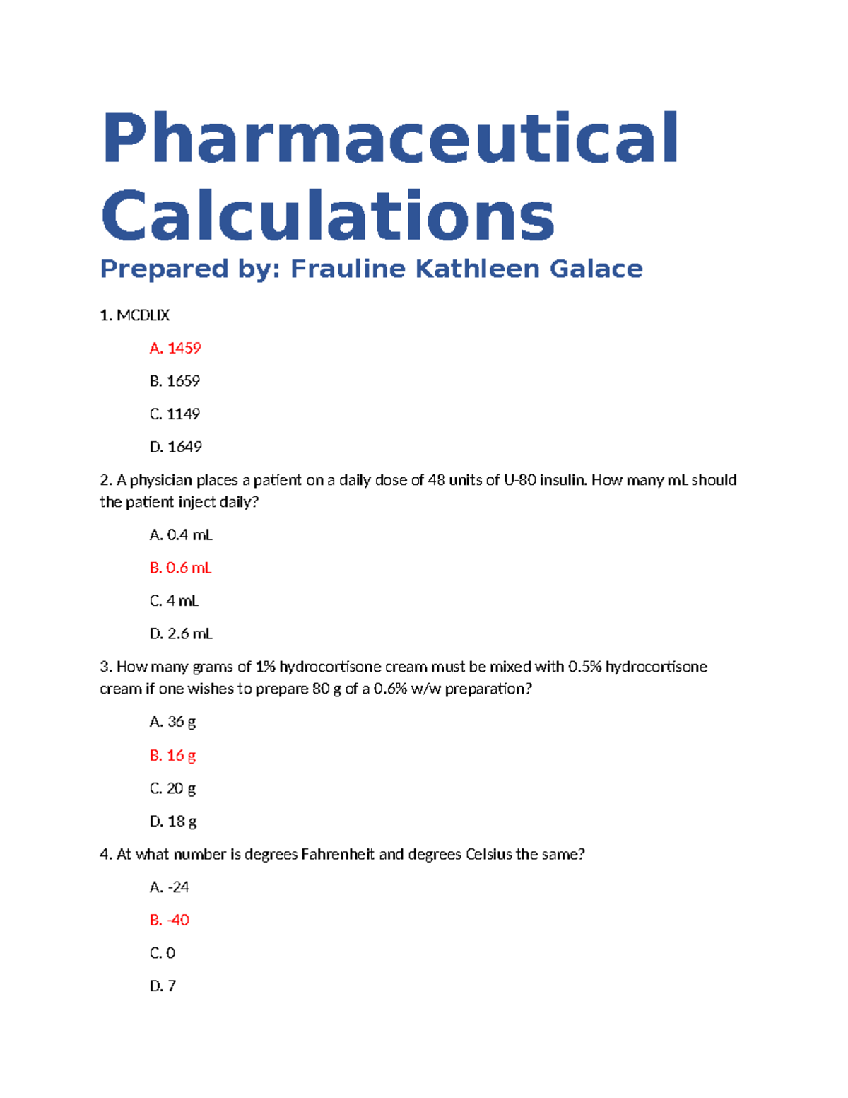 Pharmaceutical Calculations Quiz: Test Questions and Answers - Studocu
