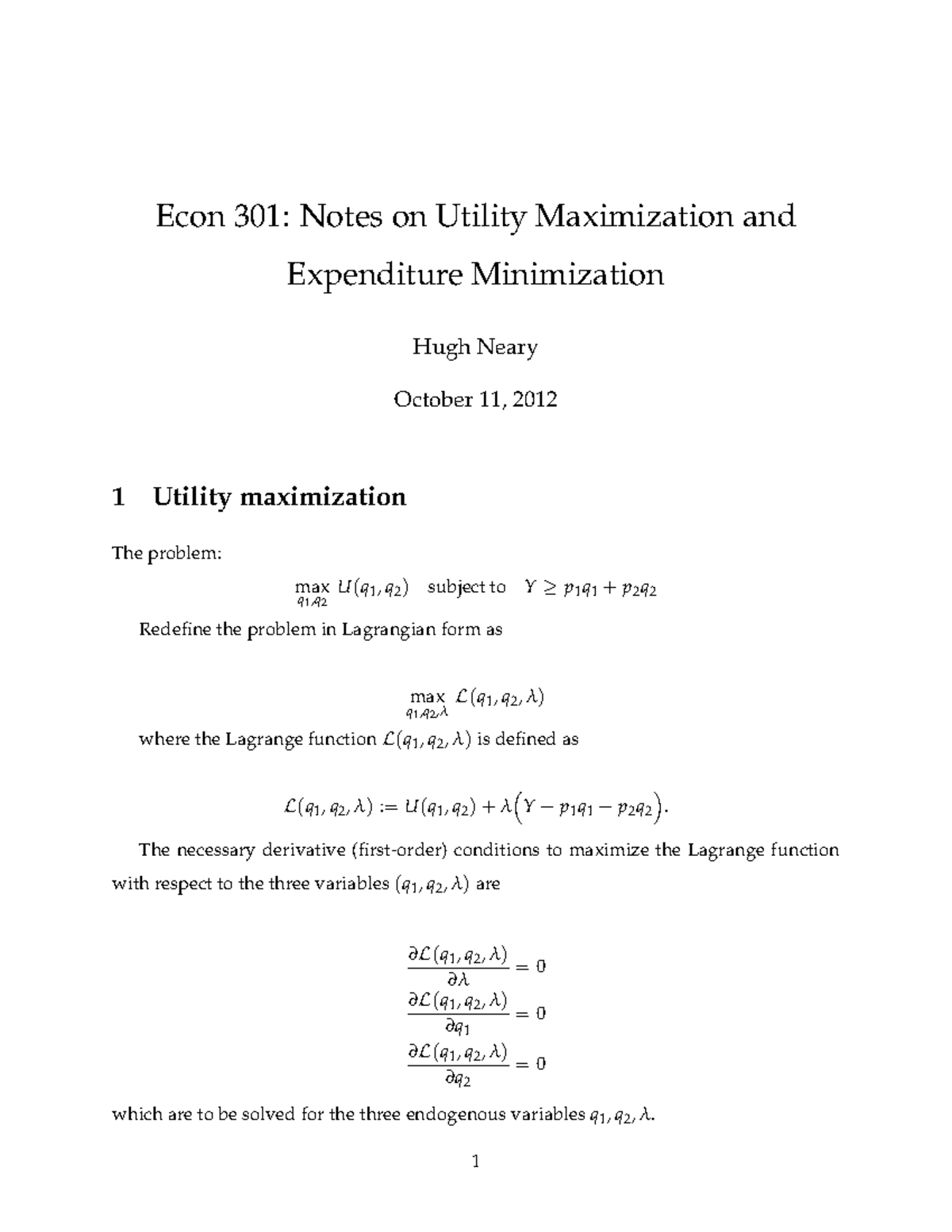 Econ 301: Utility Maximization & Expenditure Minimization Notes - Studocu