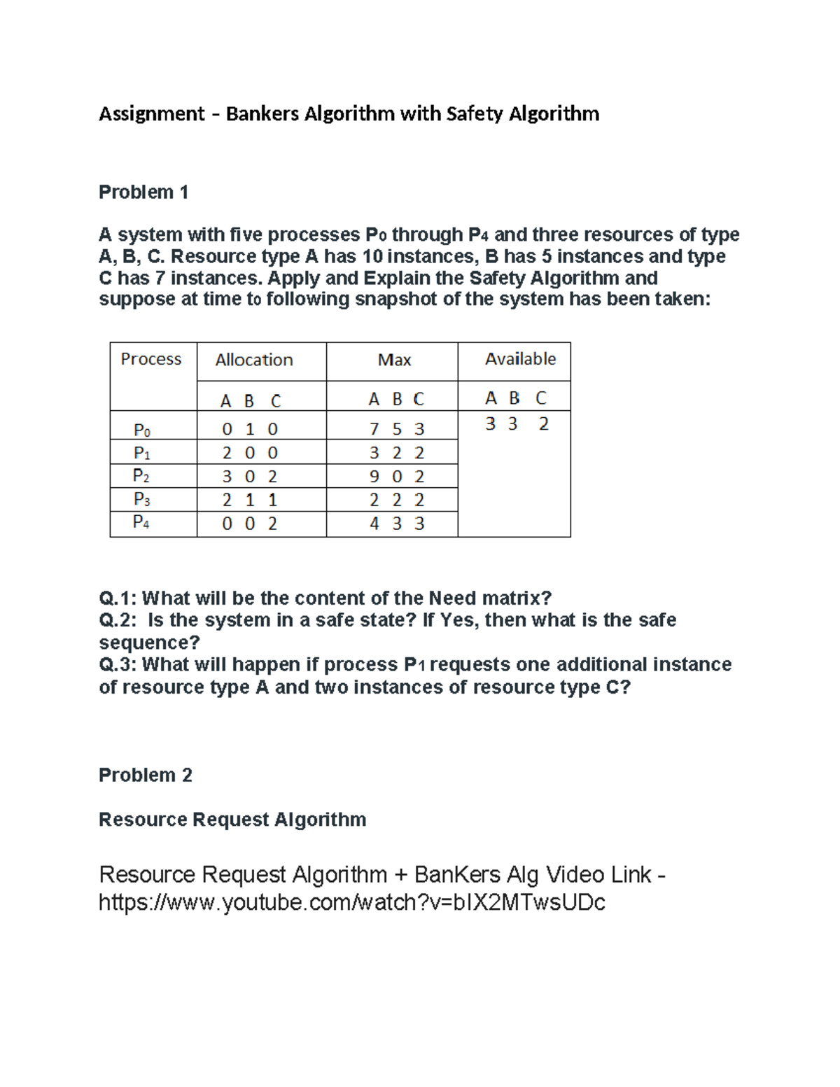 1 OS Assignment: Bankers Algorithm & Safety Algorithm Ques - Studocu
