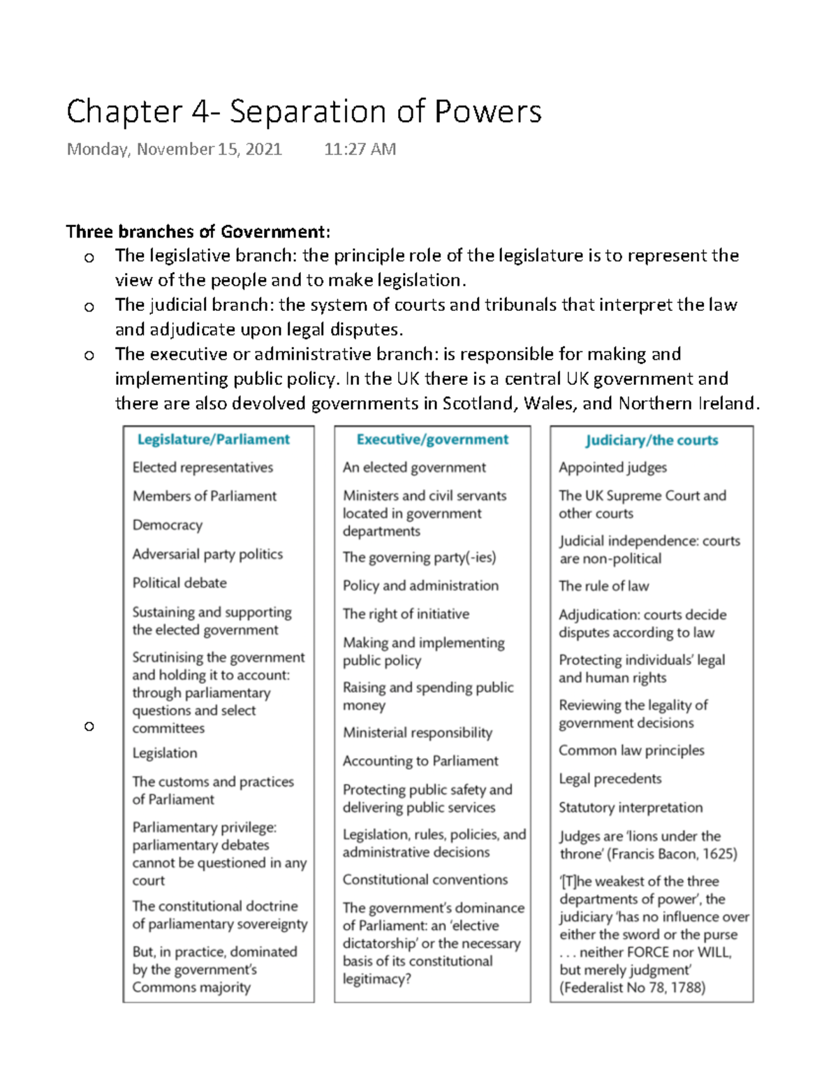 Chapter 4- Separation of Powers - Three branches of Government: The ...