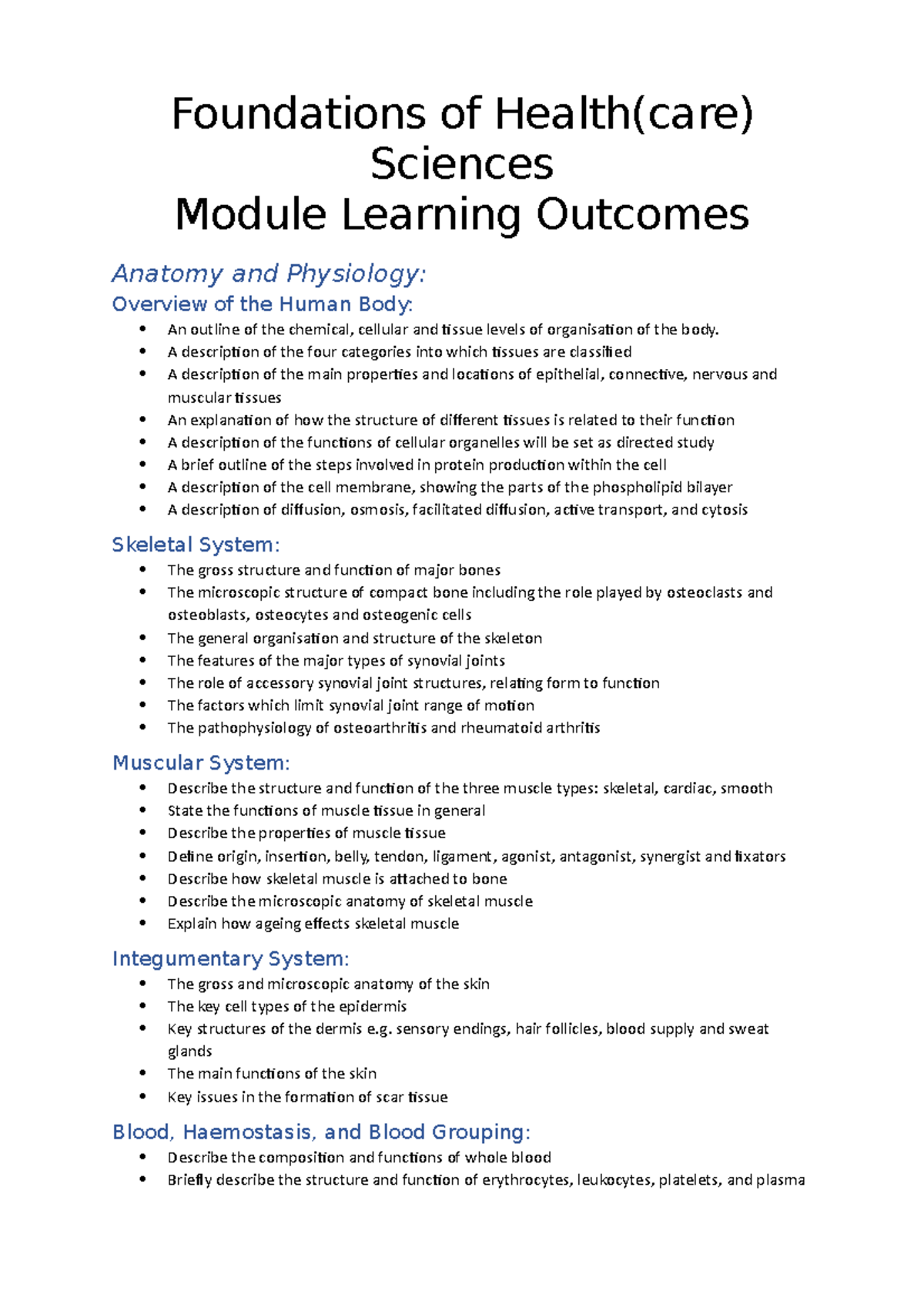 FHS Module Learning Outcomes - Foundations of Health(care) Sciences ...