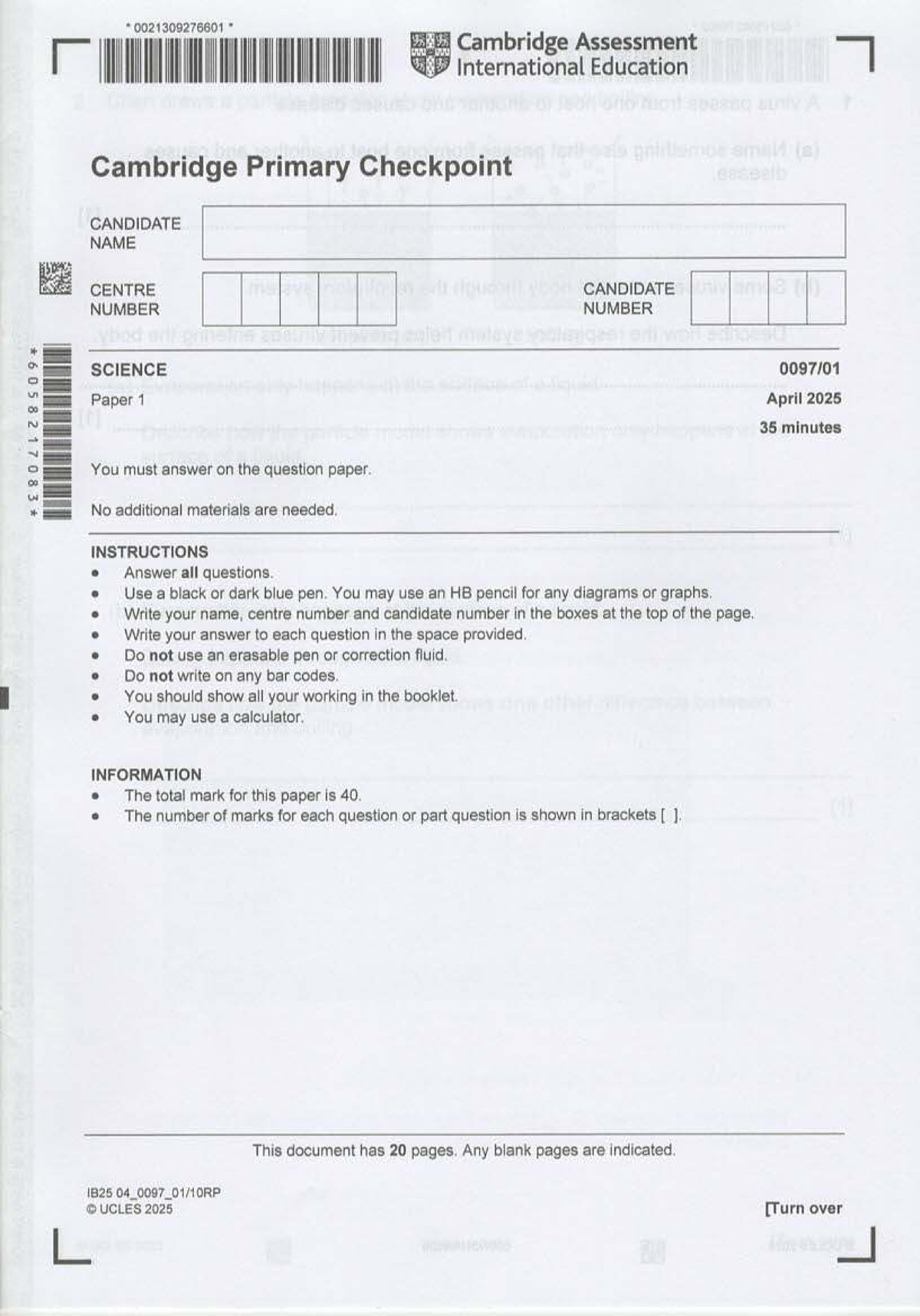 Cambridge Primary Checkpoint Science Paper 1 (002130927) - April 2025 ...