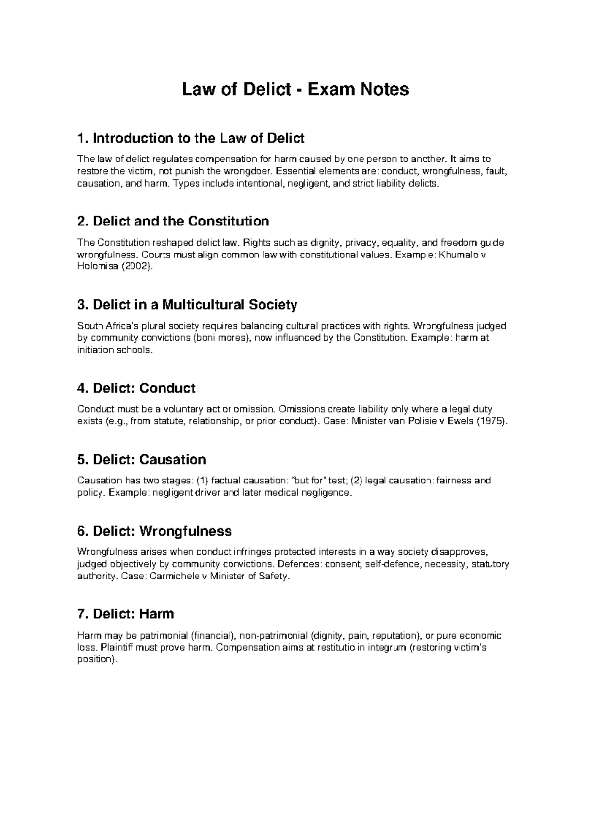 Law of Delict Exam Notes - Key Concepts and Cases - Studocu