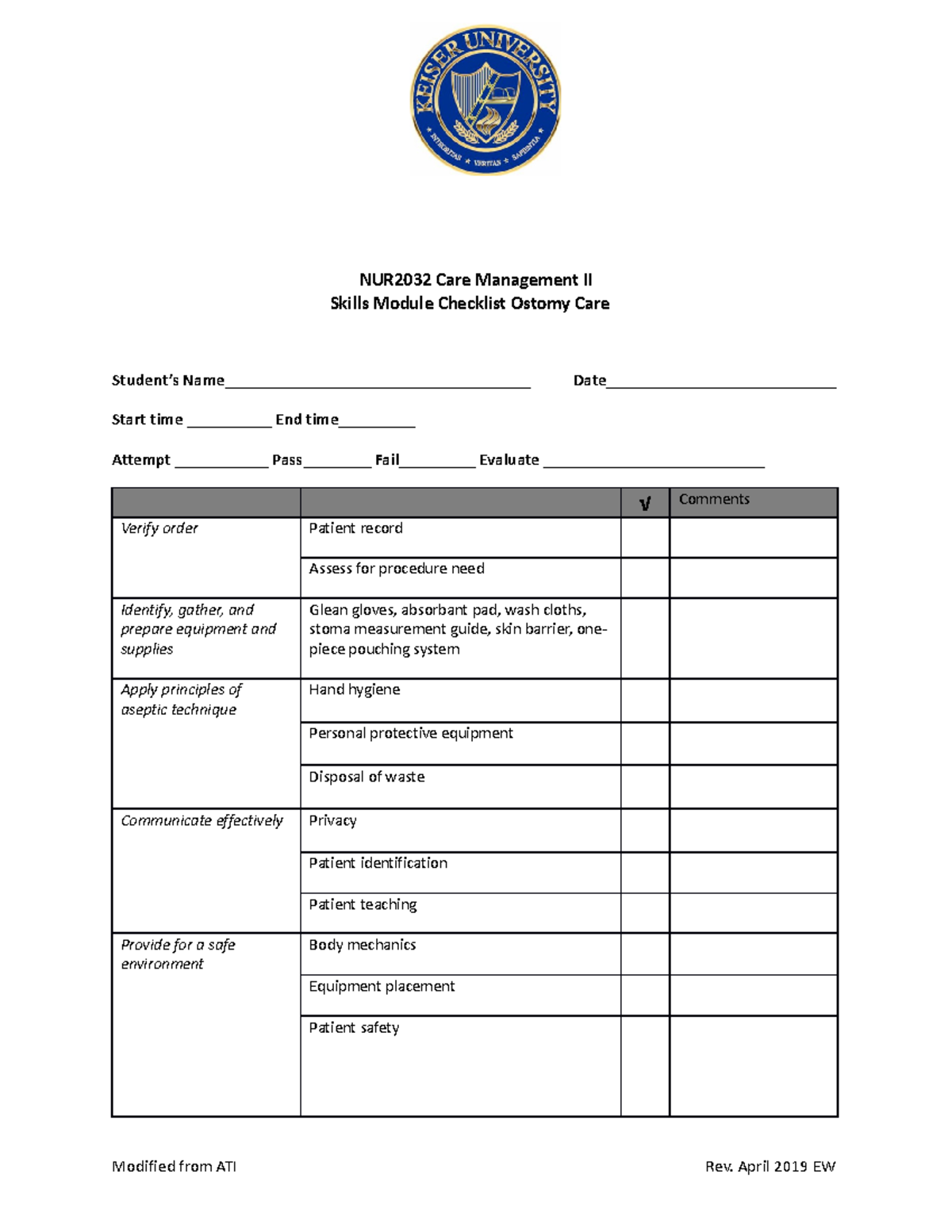 NUR2032 Skills Module Checklist: Ostomy Care Procedures - Studocu