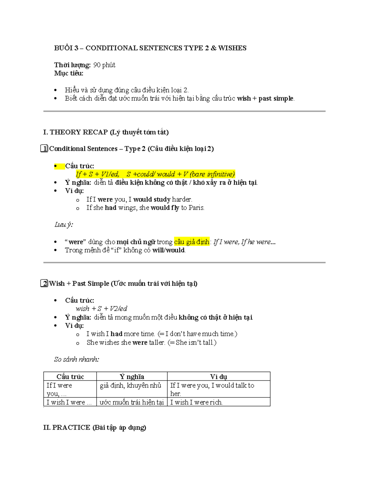 📘 BUỔI 3 - CONDITIONAL SENTENCES TYPE 2 & WISHES LEC - Studocu