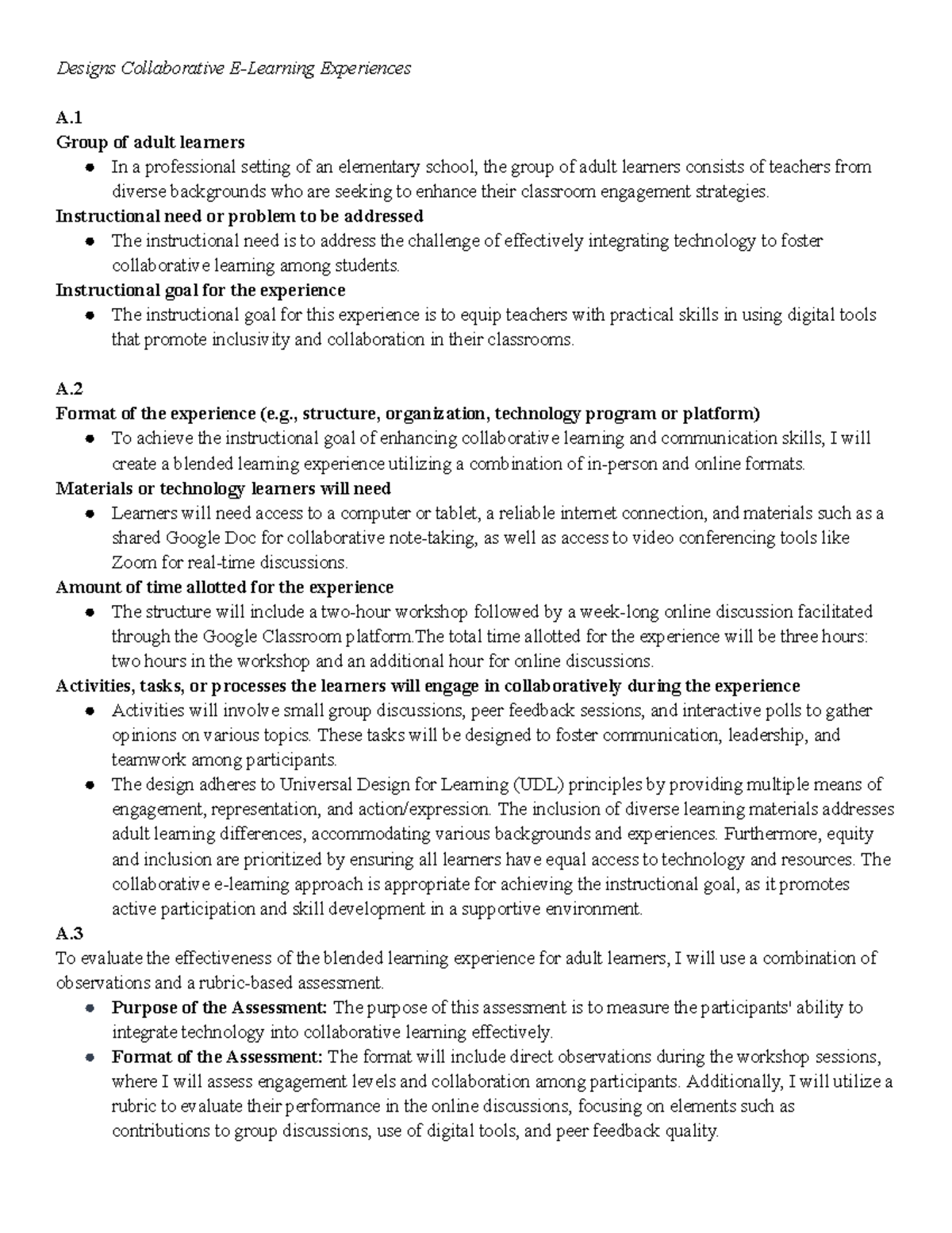 D297 Task 1: Designing Collaborative Learning for Adult Educators - Studocu