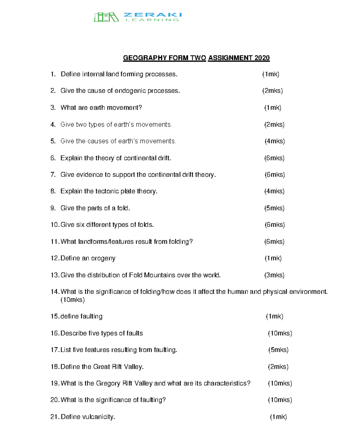 GEOGRAPHY FORM TWO ASSIGNMENT 2020: Internal Land Forming Processes ...