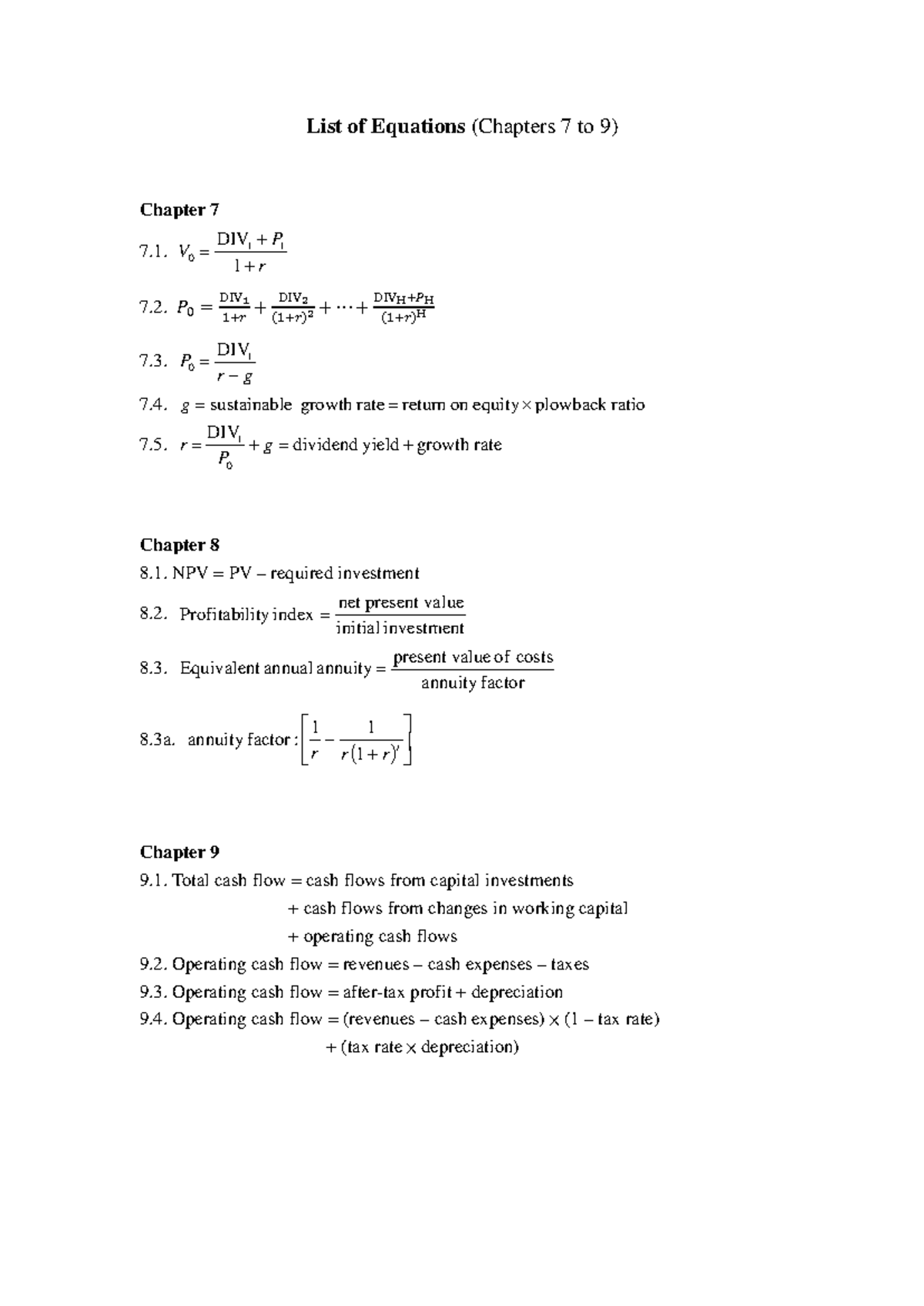 List of equations(7to9) - List of Equations (Chapters 7 to 9) Chapter 7 ...