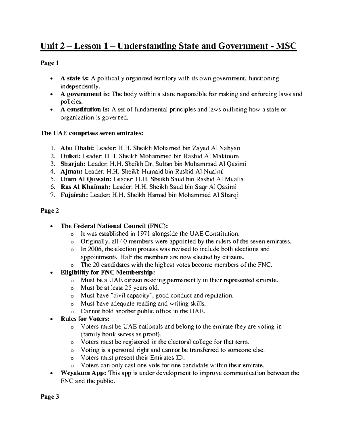 Unit 2 - Lesson 1: Understanding State and Gov in UAE - MSC - Studocu