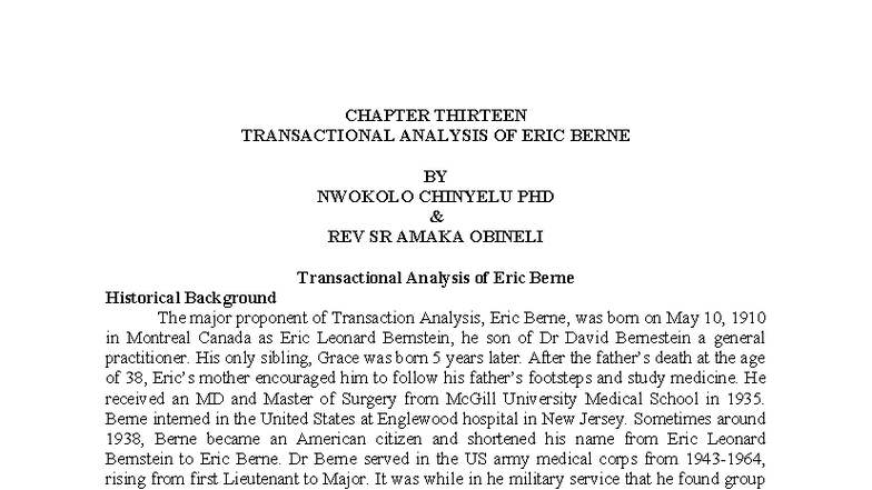 CHAPTER 13: TRANSACTIONAL ANALYSIS OF ERIC BERNE - PHD NOTES - Studocu