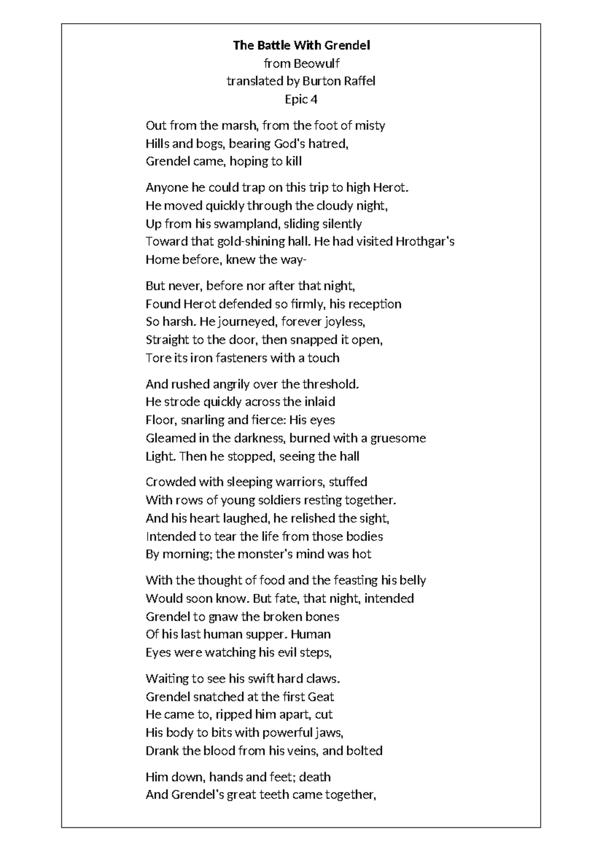 Beowulf Epic Analysis: The Battle with Grendel (ENG 101) - Studocu