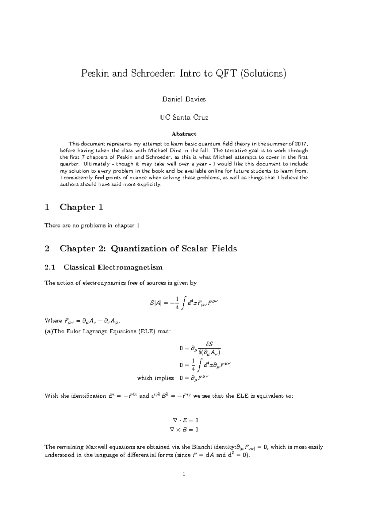 Intro to QFT Solutions: Peskin & Schroeder Ch. 1-3 Notes - Studocu