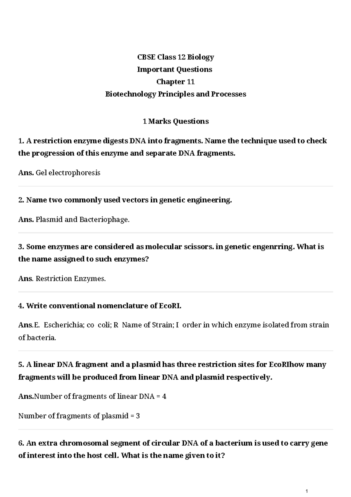 Biotech principles and processes important questions - CBSE Class 12 ...