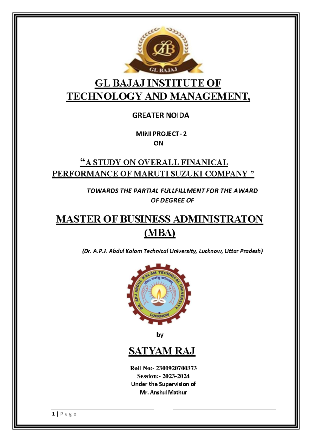 Satyam raj mini project 2 file - GL BAJAJ INSTITUTE OF TECHNOLOGY AND MANAGEMENT, GREATER NOIDA ...