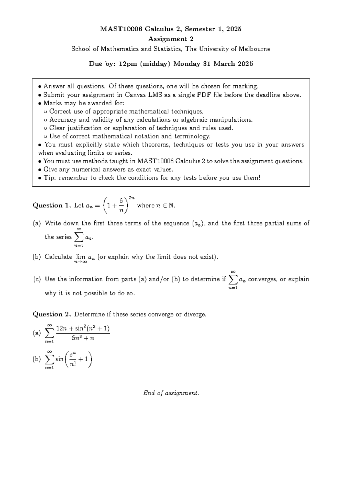 Assignment 2 MAST10006: Calculus 2, Semester 1, 2025 Guidelines - Studocu