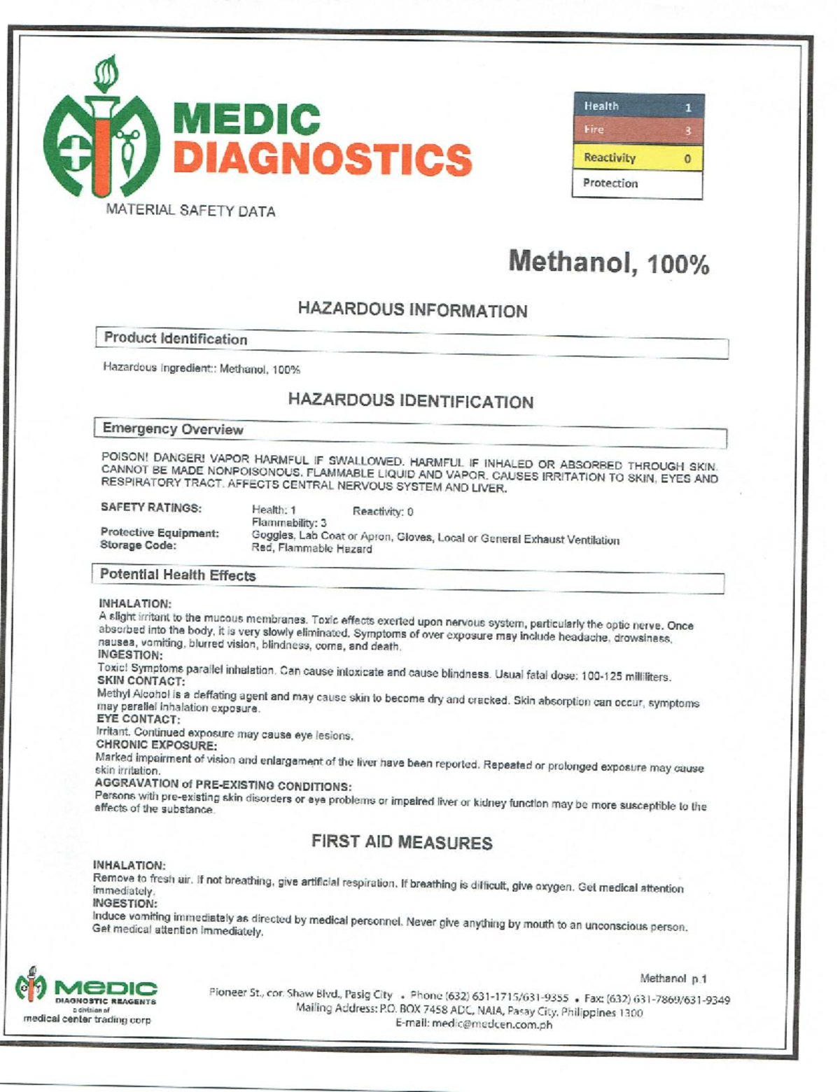 Health 1 MEDIC Fire 3 DIAGNOSTICS: Methanol Safety Data Sheet - Studocu