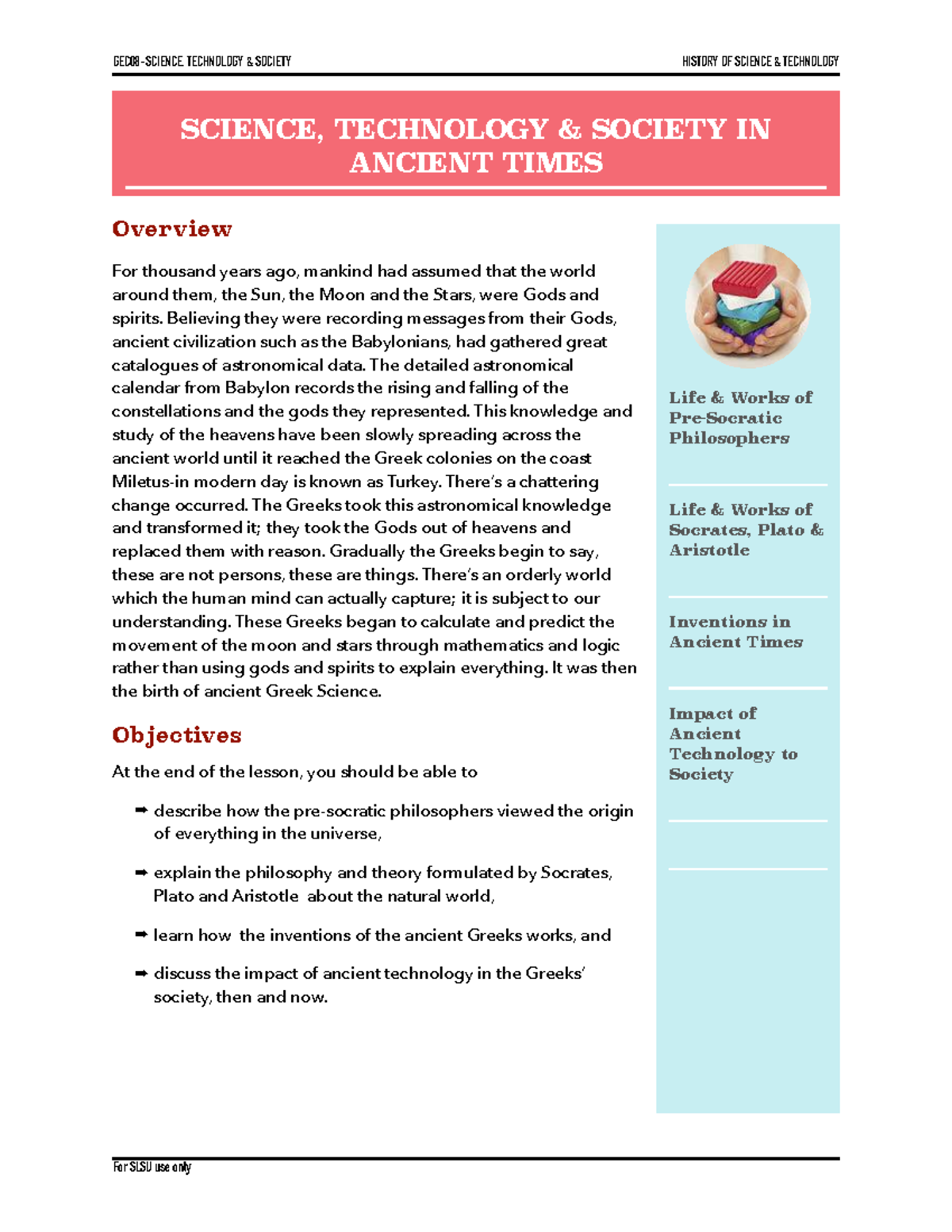 TECHNOLOGY SOCIETY HISTORY OF SCIENCE TECHNOLOGY: Ancient Greek ...