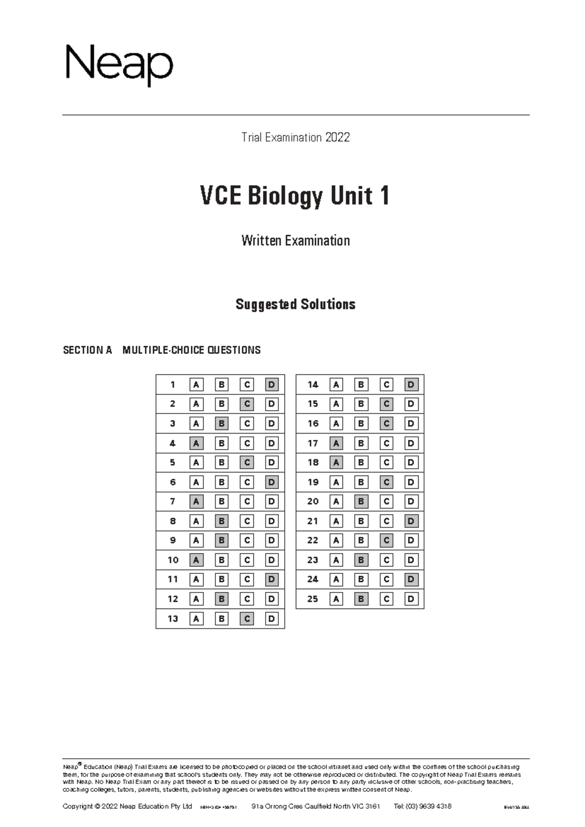 VCE Biology Unit 1 2022 Trial Exam Suggested Solutions Booklet - Studocu