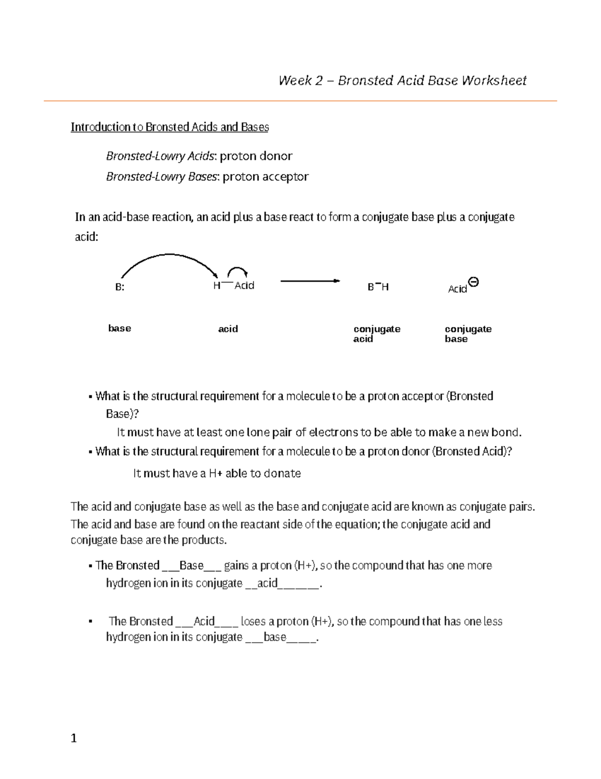 Week 2 Worksheet on Bronsted Acid-Base Theory and Mechanisms - Studocu