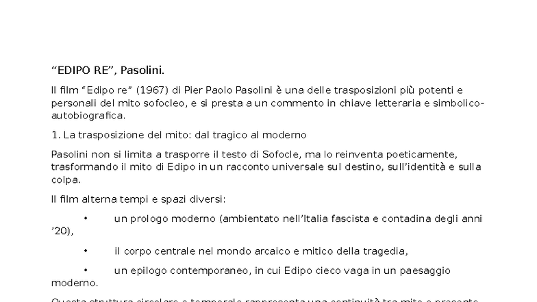 Edipo Re: Analisi del Film di Pasolini (1967) e il Mito Sofocleo - Studocu