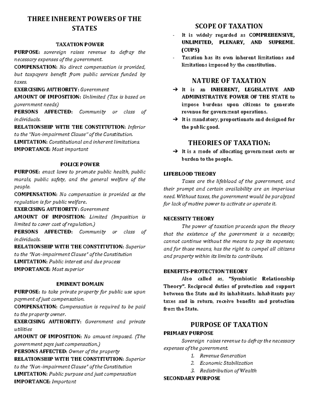 Taxation Notes: Inherent Powers of the State (Course Code: LAW101 ...