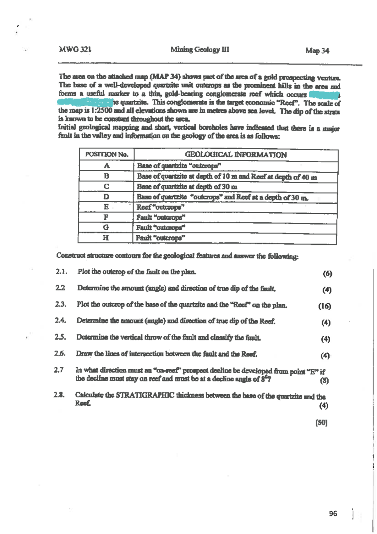 MWG 321 Mining Geology: Analysis of Map 34 and Geological Features ...