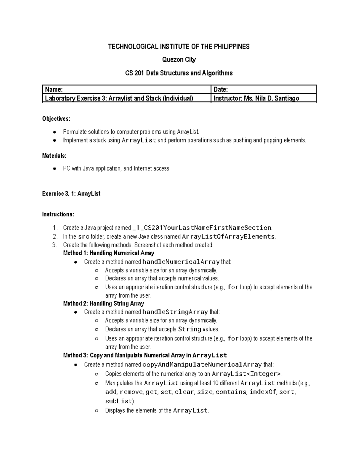 CS 201 Laboratory Exercise 3: ArrayList & Stack Implementation - Studocu