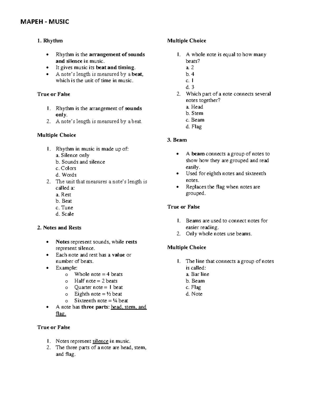 MAPEH MUSIC 1: Rhythm, Notes, Measures, and Tempo Review - Studocu