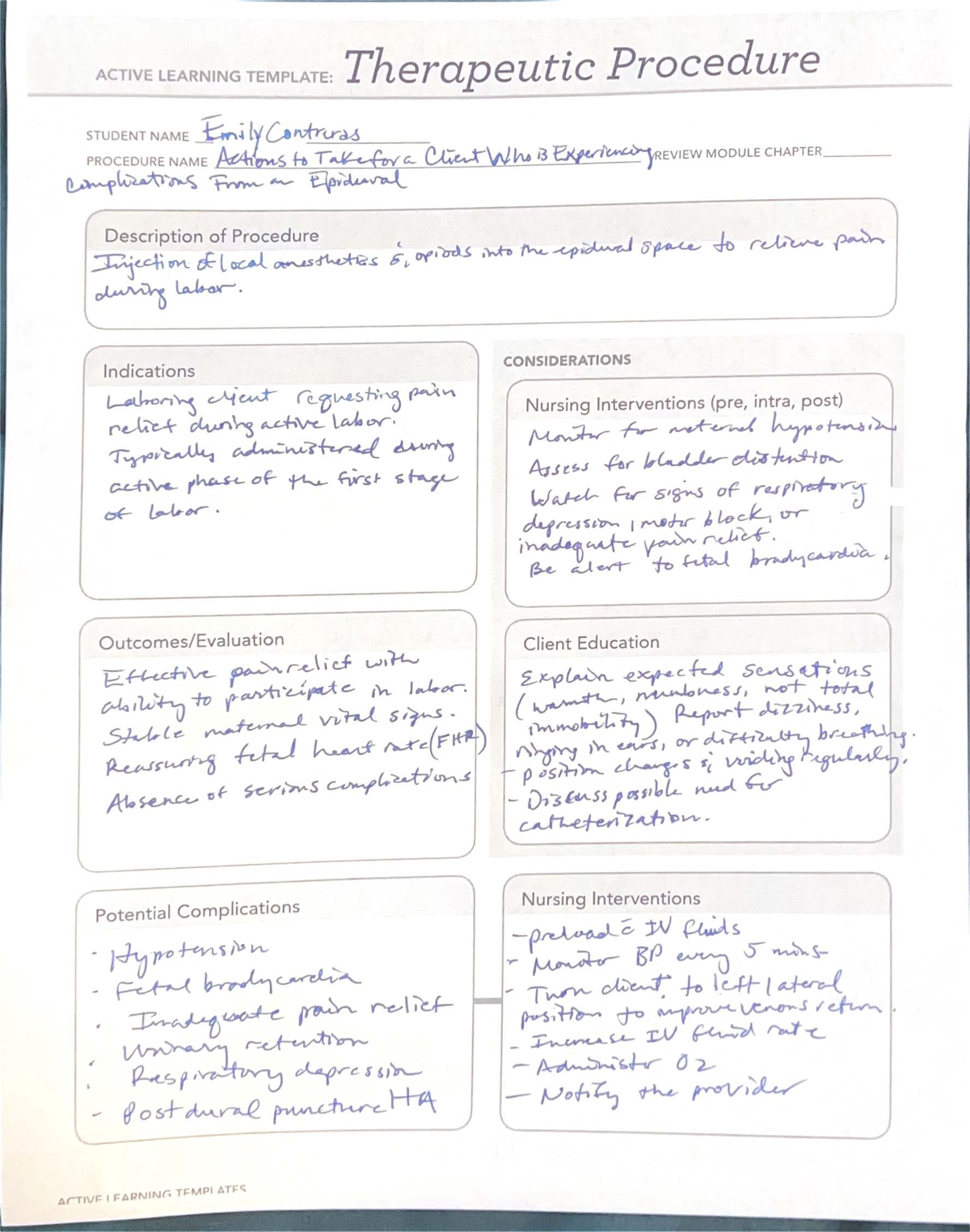 ACTIVE LEARNING TEMPLATE: Actions for Epidural Complications - Studocu