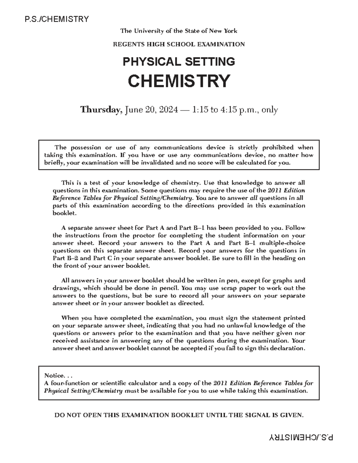 P.S. Chemistry Regents Exam - Physical Setting, June 2024 - Studocu