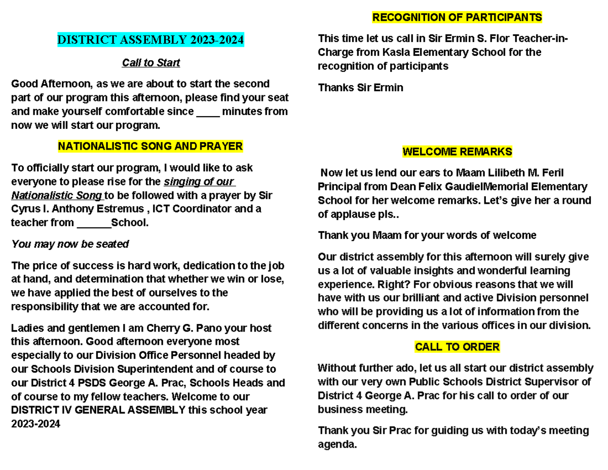 Emcee script district conference of school heads - DISTRICT ASSEMBLY ...