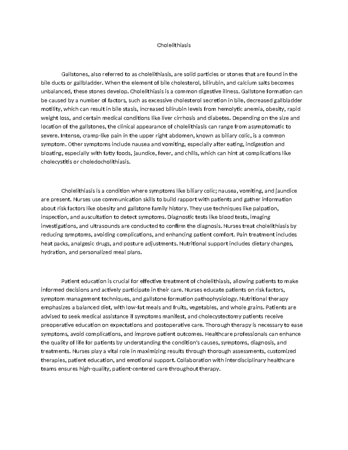 NURSING JOURNAL - Cholelithiasis Gallstones, also referred to as ...