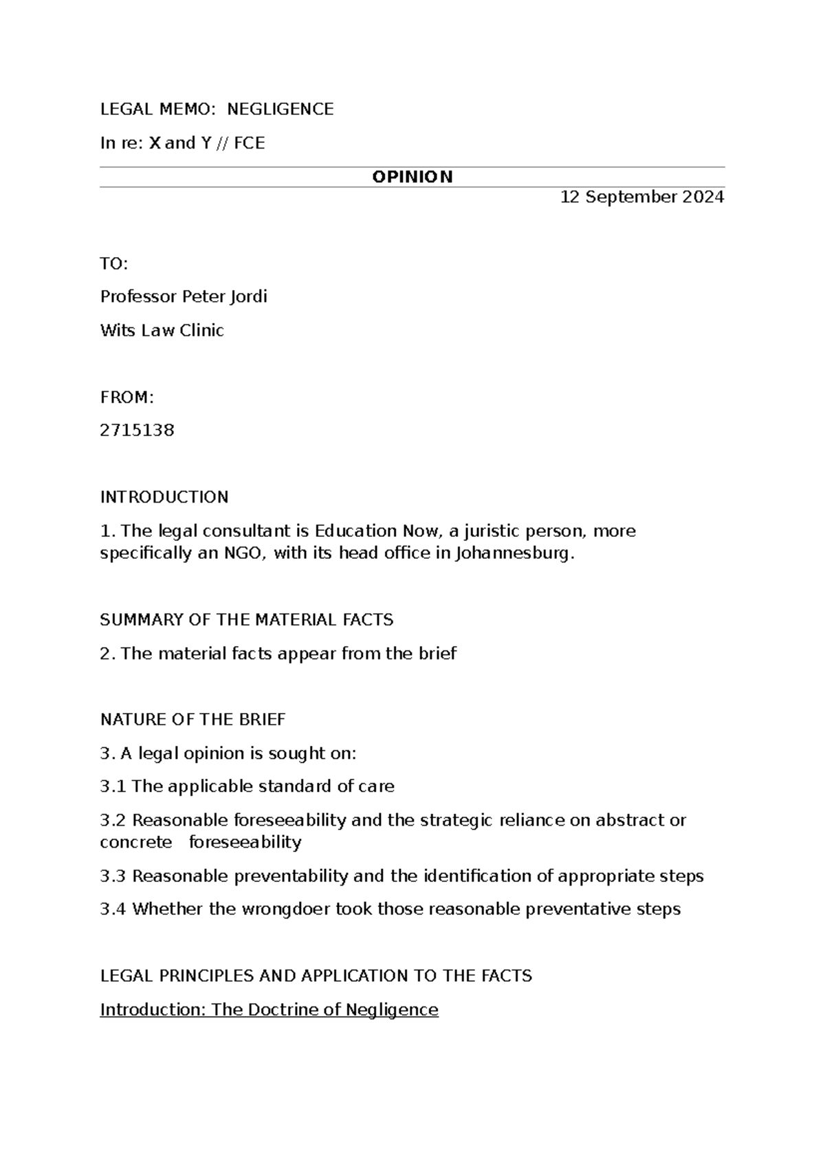 Ch12 Negligence: Legal Memo on Standard of Care and Foreseeability ...