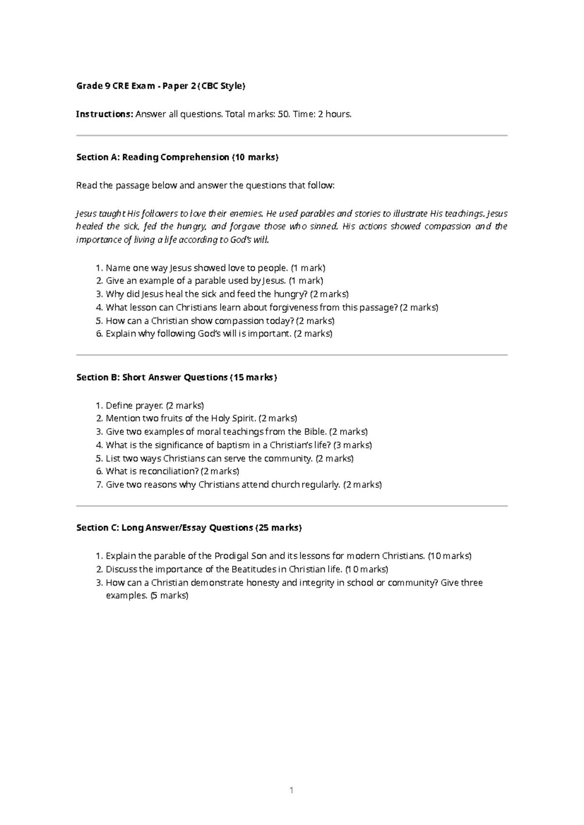 Grade 9 CRE Exam Paper 2 - Revision Materials (CBC Style) - Studocu