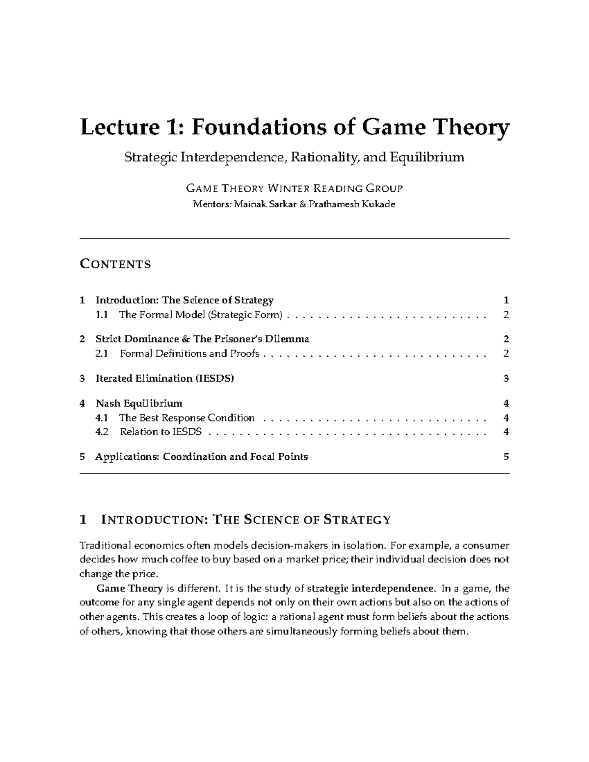 Lecture 1: Foundations of Game Theory - Strategic Interdependence and ...