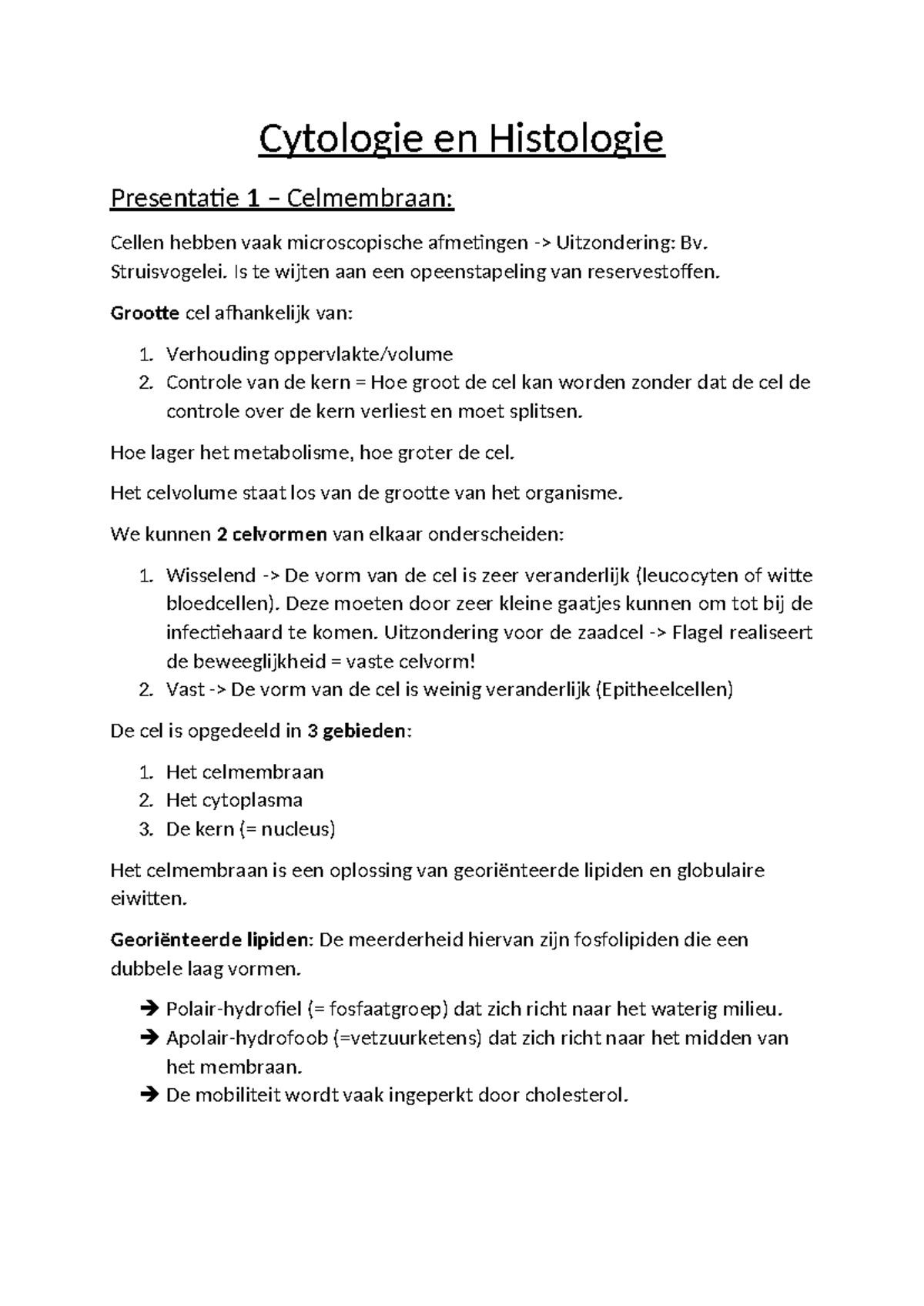 Cytologie en Histologie Les 1: Celmembraan en Celstructuur - Studocu
