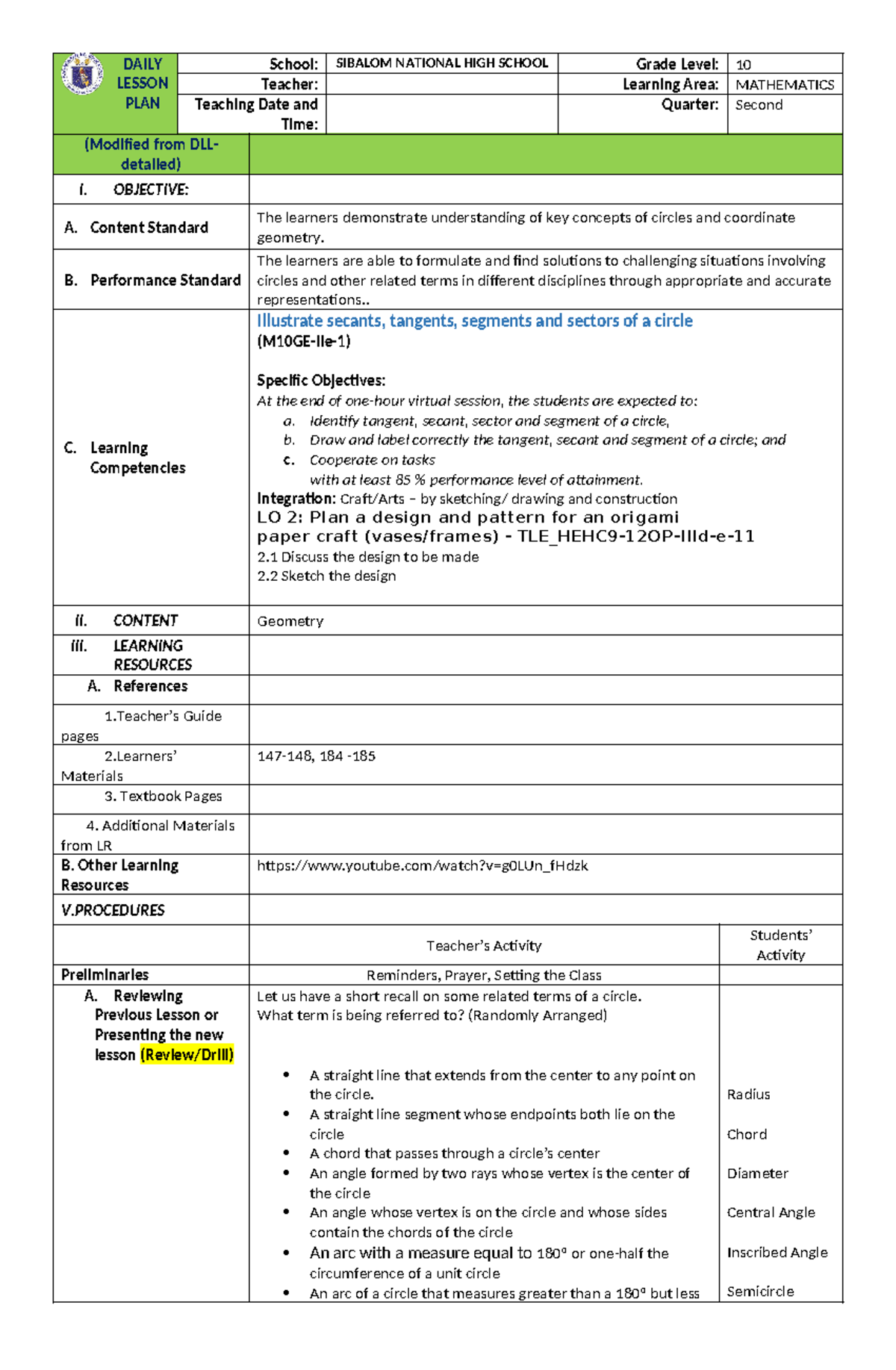 DAILY LESSON PLAN: Geometry Concepts for Grade 10 (MATHEMATICS10) - Studocu