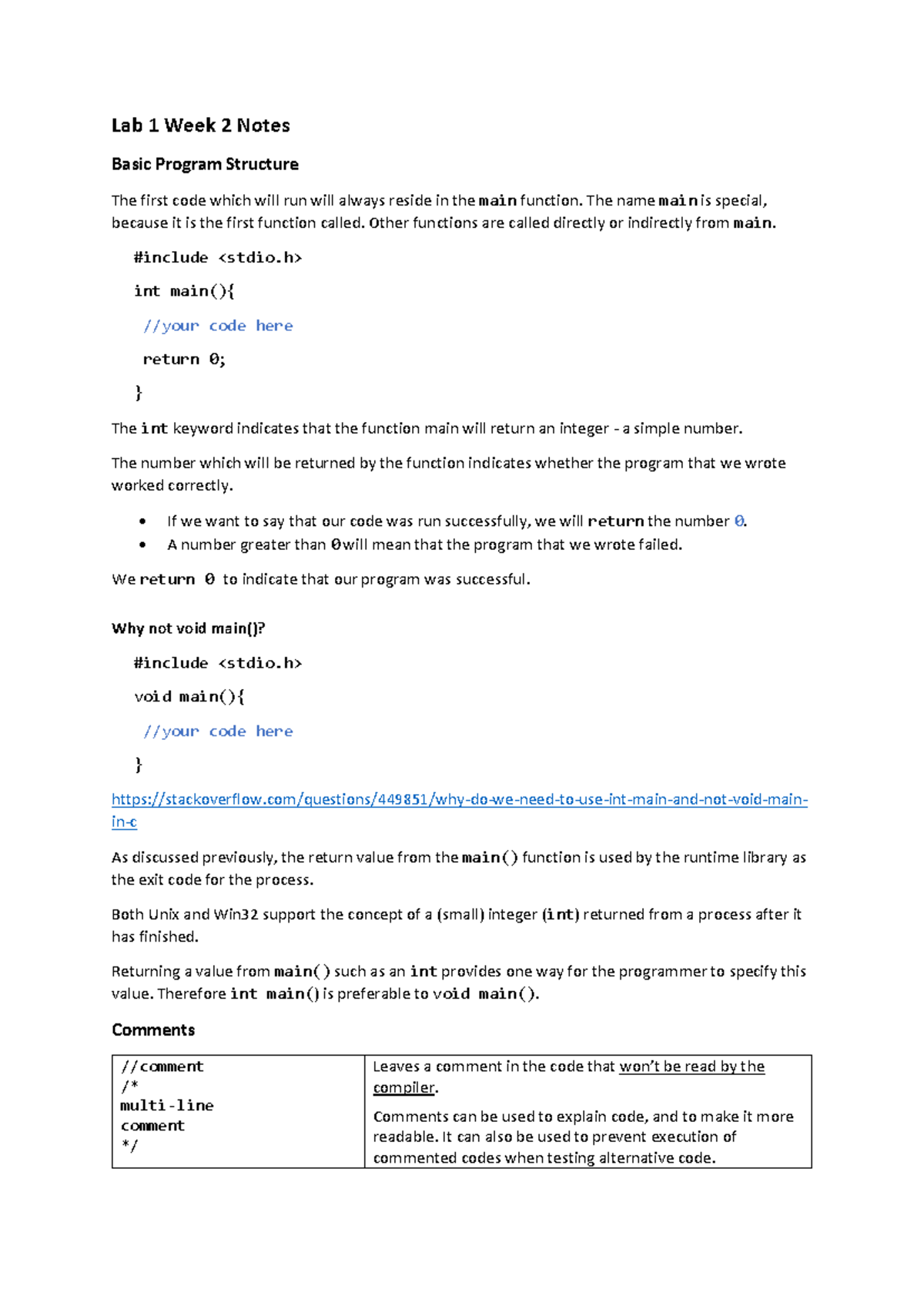 C Programming Lab 1 Week 2 Notes: Basic Program Structure - Studocu