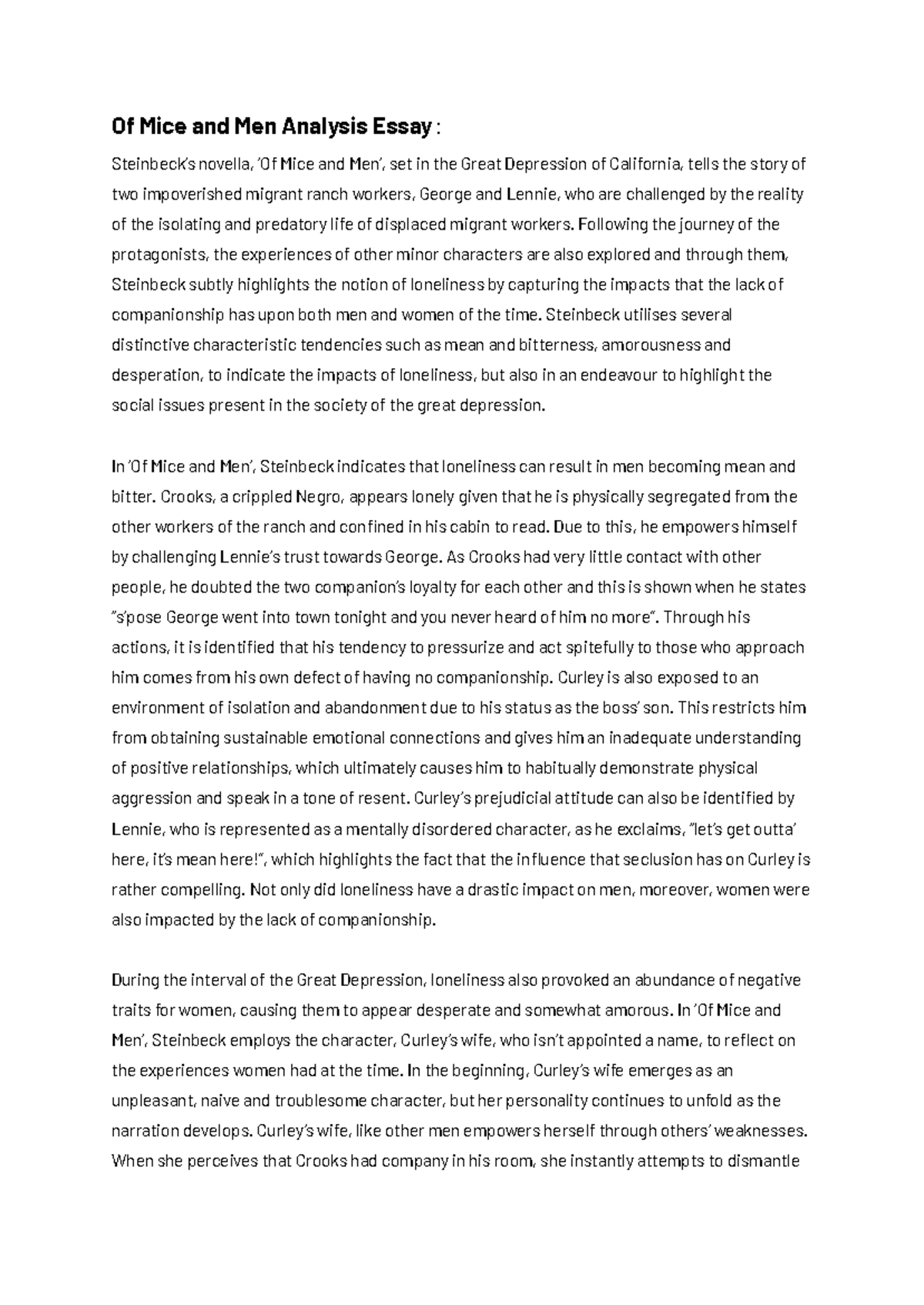 Of Mice and Men Analysis Essay - Following the journey of the ...