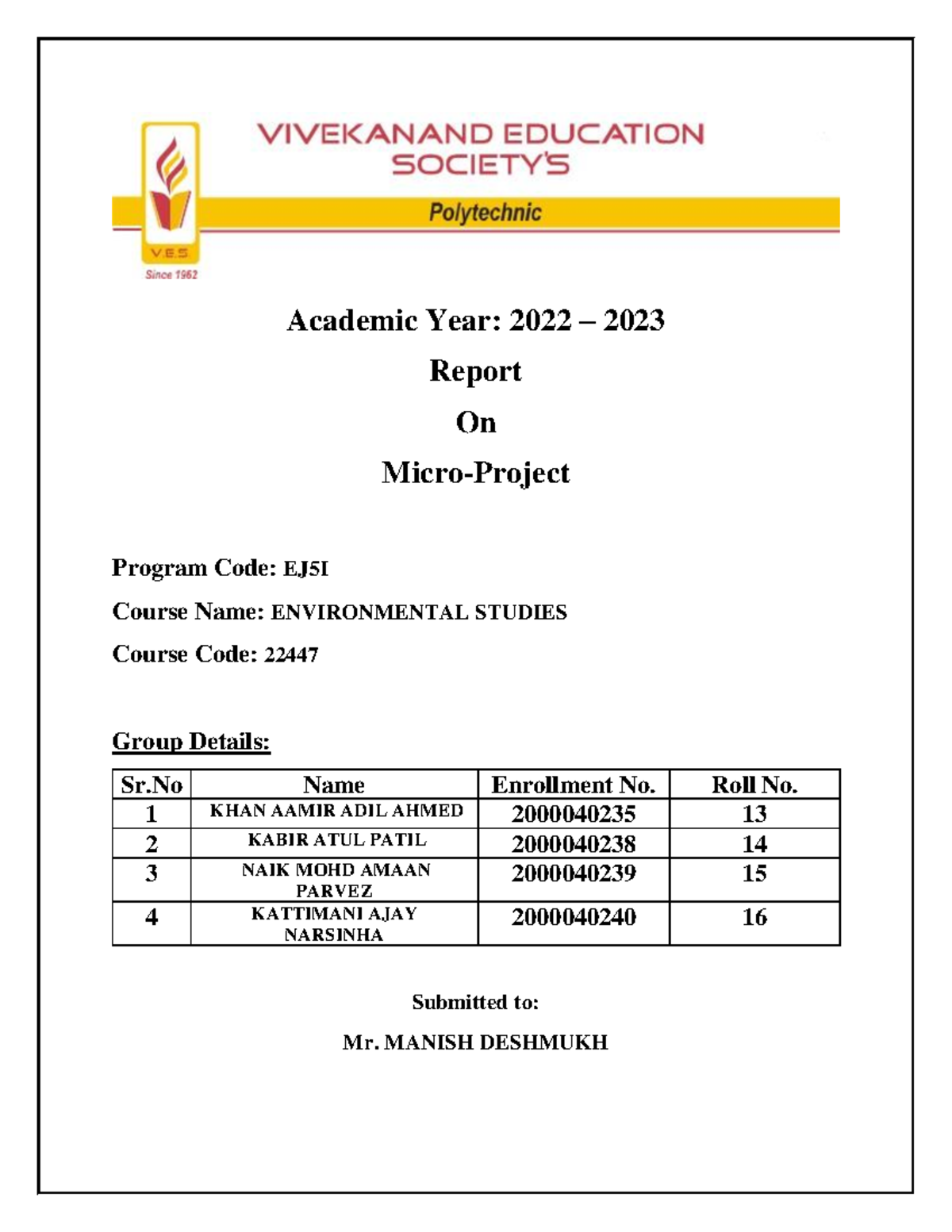Micro Project Report on Solid Waste Management - ENV Studies (22447 ...
