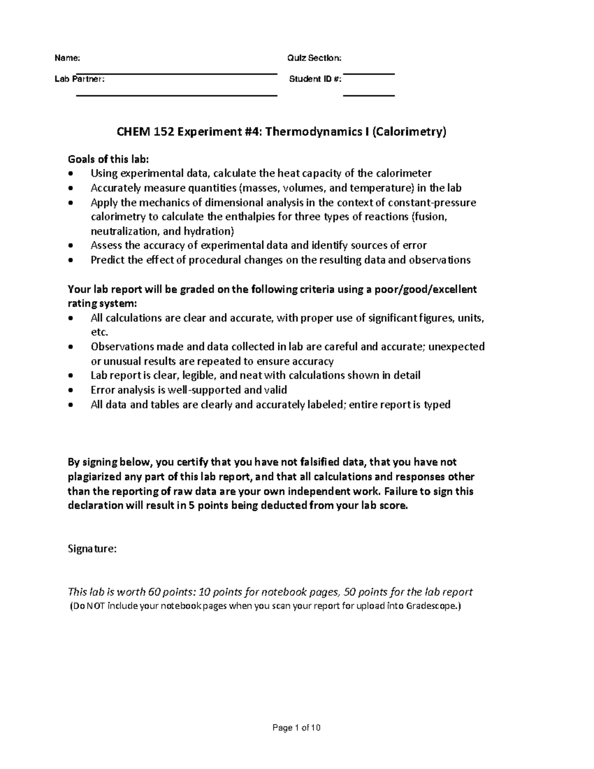 CHEM 152 Lab Report: Thermodynamics I - Calorimetry Experiment - Studocu