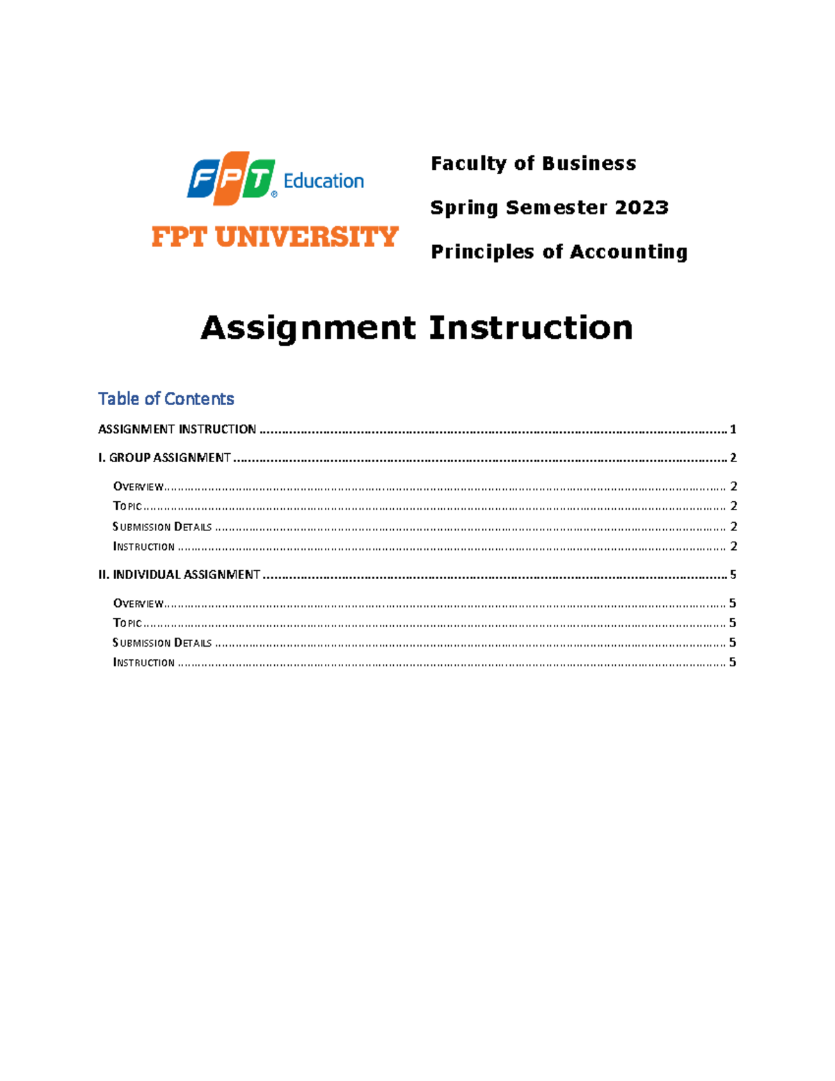 ACC 101 - Assignement instruction - Faculty of Business Spring Semester ...