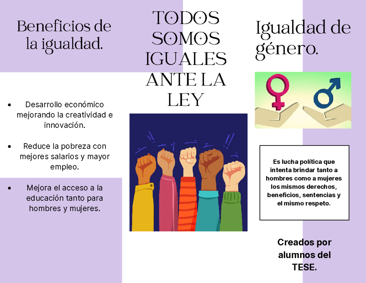 Triptico quinto mes - Igualdad de género. Beneficios de la igualdad. Desarrollo económico ...