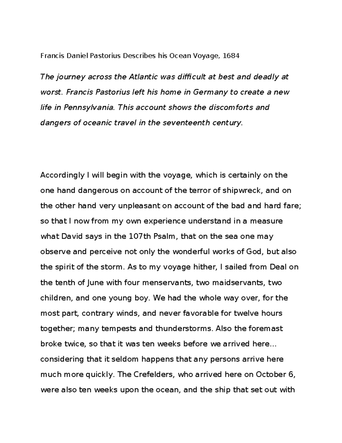 Francis Pastorius' Challenging Ocean Voyage to Pennsylvania, 1684 ...