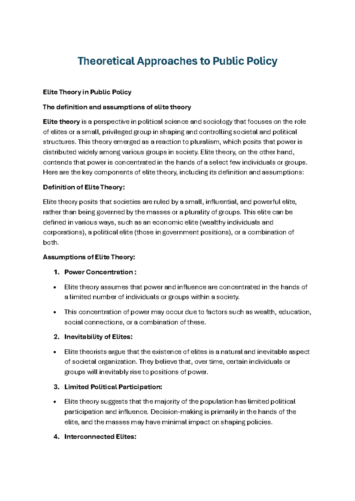Theoretical Approaches to Public Policy: Elite Theory Insights - Studocu