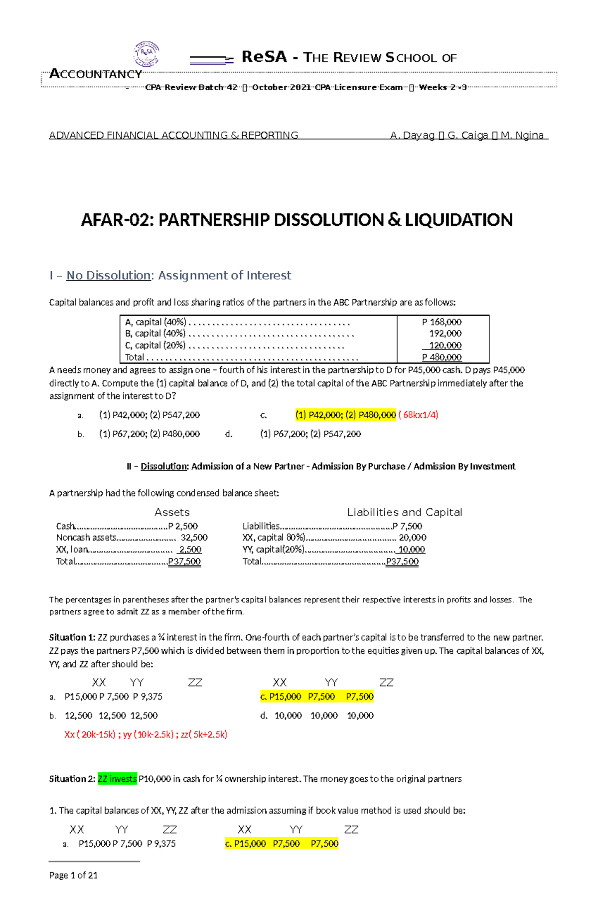 AFAR 02: Partnership Dissolution & Liquidation - Weeks 2-3 Analysis - Studocu