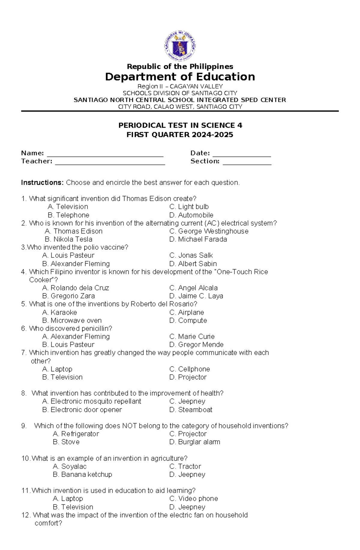 Q1 PT - Science 4 Matatag: Periodical Test Questions & Answers - Studocu