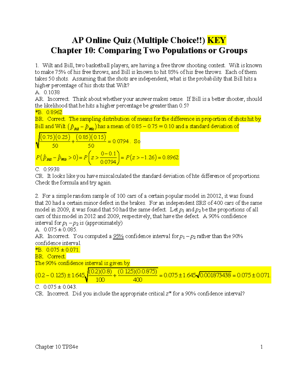 Ap ch 10 online mc key - Ap statistics for comparing means - AP Online Quiz (Multiple Choice ...