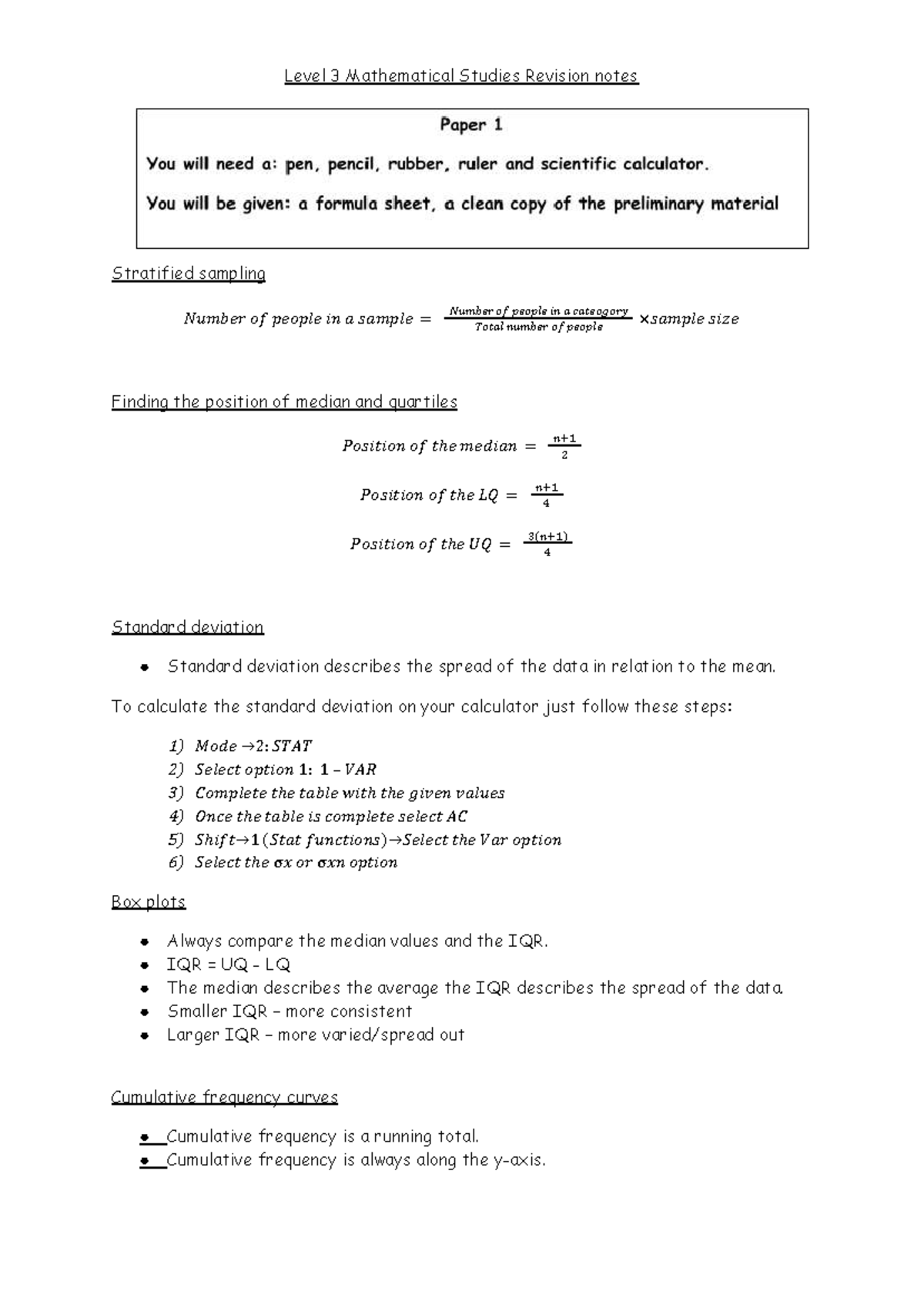 Level 3 Mathematical Studies Revision Notes for Paper 1 - Studocu